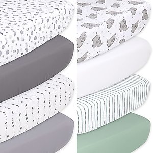 The Peanutshell Celestial Stars and Elephant Fitted Crib Sheets | Unisex 8 Pack | Grey, Green, White