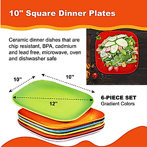 Bruntmor 10" Ceramic Appetizer Plates, Serving Platter, Set of 6, Square Multi-Color Simple Modern Ceramic Salad, Dessert Plates, Christmas Dinner Plates Set, Christmas Dinnerware