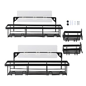 HYG easyshop Black Self Adhesive Shower Shelves, 2 Pack Stainless Steel Shower Caddy with Soap Holder, Rustproof Shower Rack Suitable for Bathroom, Kitchen