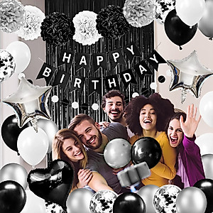 Black and White Birthday Party Decorations,Happy Birthday Decorations for Men Women Boys Girls Including Happy Birthday Banner,Fringe Curtains,Pompom Flower,Black and silver party decorations