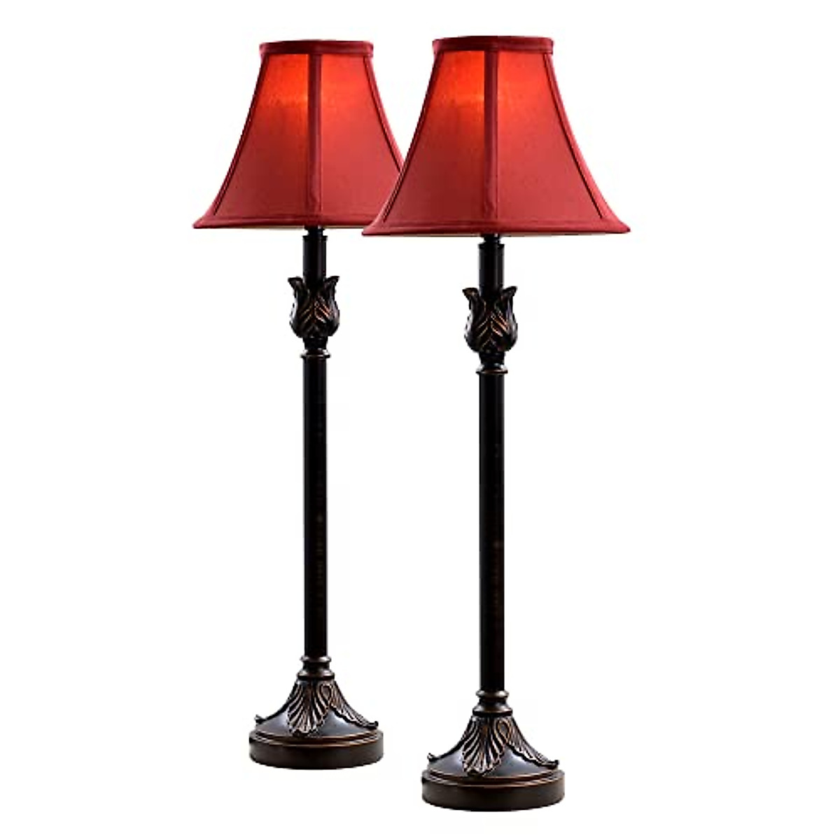 Catalina Lighting 25.75" Brenda Bronze Set of 2 Buffet Table Lamps with Burgundy Fabric Bell Shades, Bronze