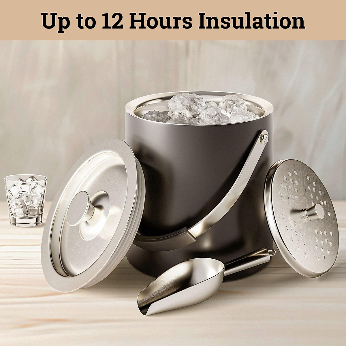 Insulated Ice Bucket with Lid, Strainer, Scoop & Handle - 3L Stainless Steel Double Wall Ice Bucket - Black Ice Bucket for Cocktail Bar - Ice Bucket with Scoop - Large Ice Buckets for Parties with Lid