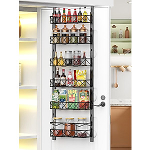 Fulpower Over the Door Pantry Organizer, 6+1 Pantry Door Organizer with Adjustable Basket, Metal Spice Rack Storage for Kitchen Pantry Black (Black 6 Tier)