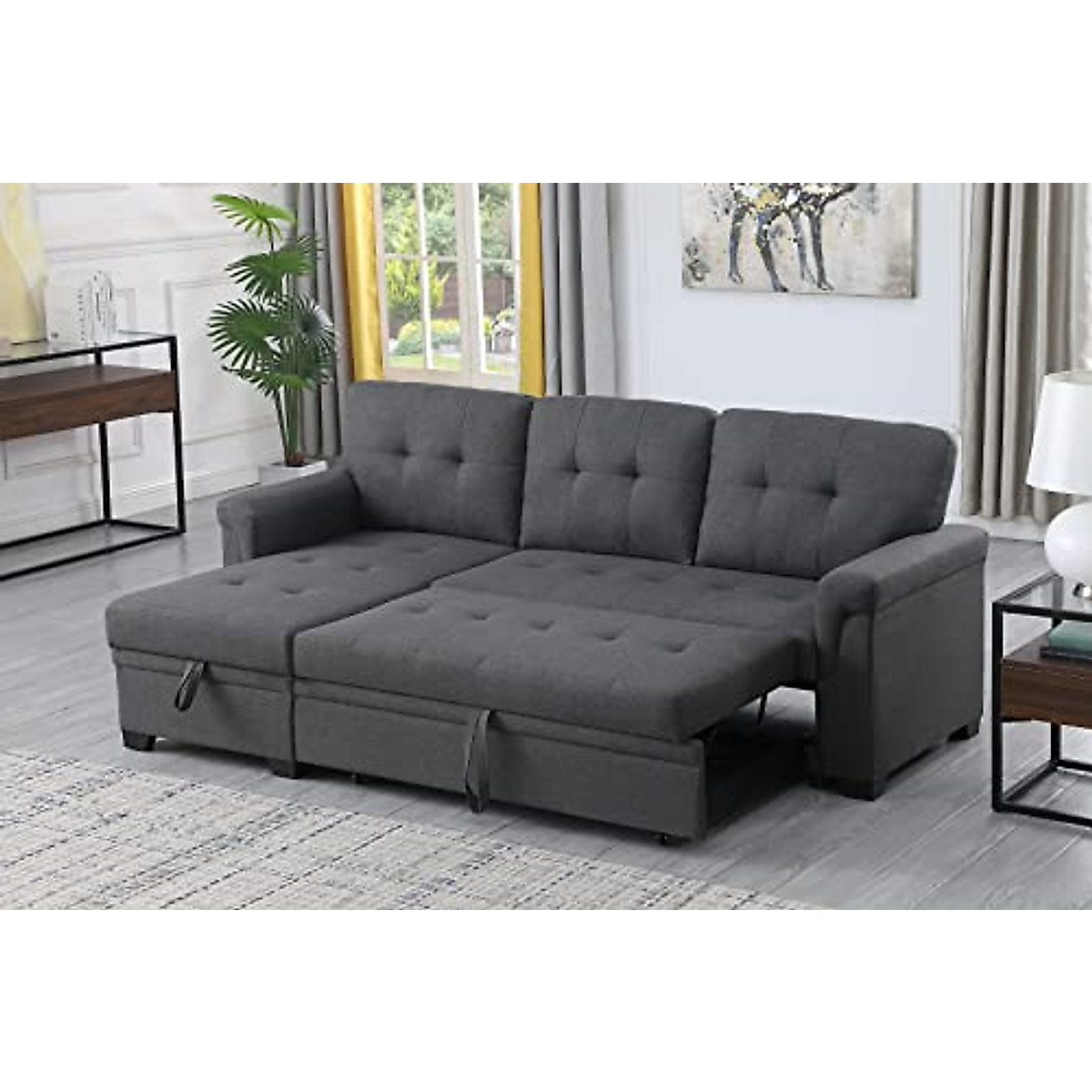 FANYE L-Shaped Reversible Corner Convertible Sleeper Sectional Sofa with Pull Out Sleeper Couch Bed and Storage Chaise for Home Apartment Office Living Room, Dark Grey Linen Sofa&Couch