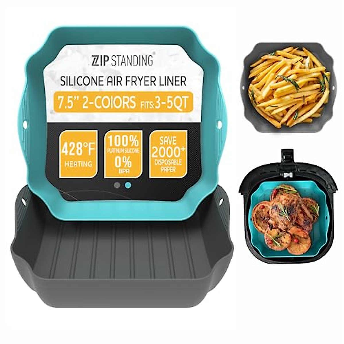 Silicone Air Fryer Liners Set OF 2, Air Fryer Silicone Liners for 3-5QT Air Fryer Tray Baking Oven, 7.5” Reusable Square Air Fryer Liners with Handles & Holes, Air Fryer Inserts, Air Fryer Accessories