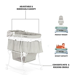 Dream On Me Lacy Portable 2-in-1 Bassinet & Cradle in Light Grey, Lightweight Baby Bassinet with Storage Basket, Adjustable and Removable Canopy