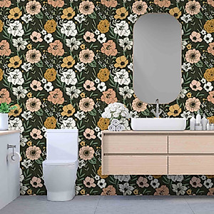 Abyssaly Vintage Large Floral Peel and Stick Wallpaper Boho, Retro Removable Flower Contact Paper for Bathroom, Dark/Sand/Green Vinyl Self Adhesive Wall Paper 17.7inchesx118inches