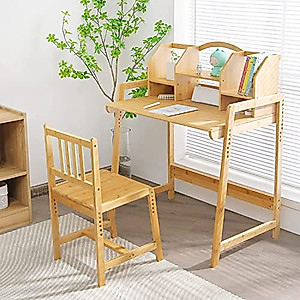 UNICOO - Bamboo Height Adjustable Kids Desk and Chair Set, Children Desk, Kids Study Table and Chair Set (Nature 01)