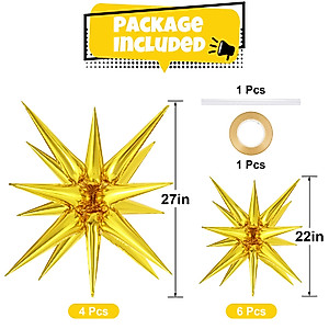 10 Pcs Star Balloons - Explosion Starburst Foil Cone Magic for Birthday, Wedding, Anniversary Party Backdrops Decorations Supplies, 6 Pcs 22Inches & 4 Pcs 27Inches (Gold)