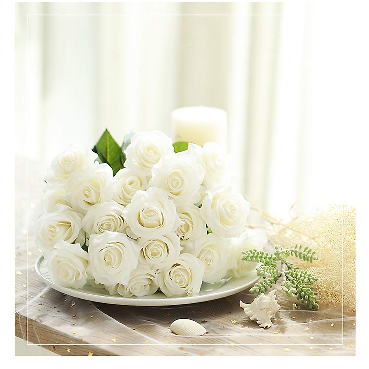 Amzali Artificial Flowers, Real Looking Blush Fake Rose Long Stem Silk Artificial Rose Flowers Home Decor for Bridal Wedding Bouquet, Centerpieces Birthday Flower Party Garden floral Arrangement White