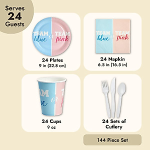 144 Piece Gender Reveal Plates, Napkins, Cups, Cutlery, Team Boy and Team Girl Party Supplies, Decorations (Serves 24)