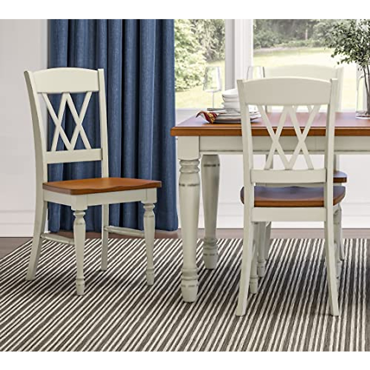 Home Styles Monarch Double X-back White and Oak Dining Chairs, with Solid Hardwood Construction, Turned Legs, and Distressed Oak Finish, Set of Two