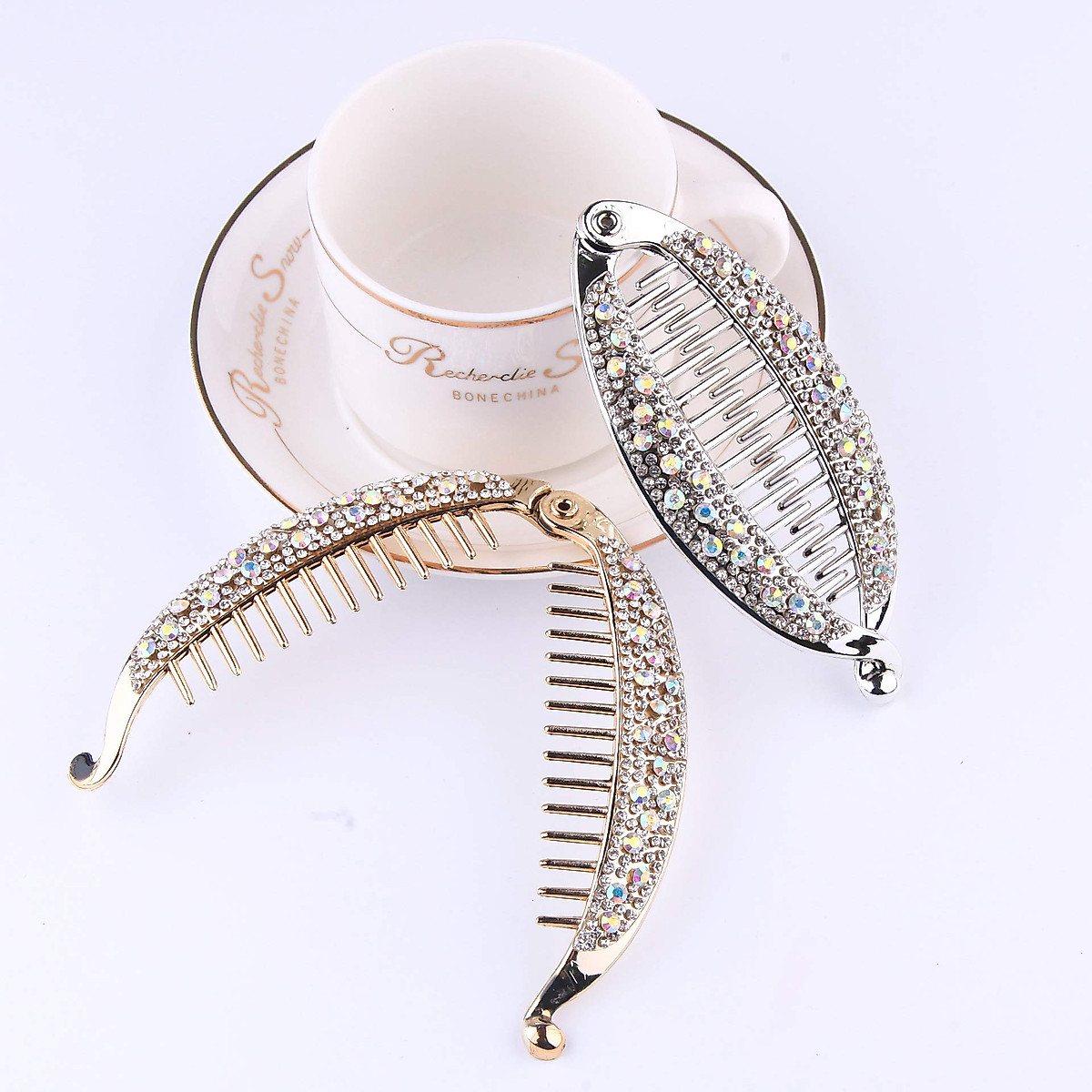 2PCS Crystal Rhinestone Banana Clip Fish Shape Claw Clips Elegant Ponytail Hair Twist Holder for Women Girl Golden Silver