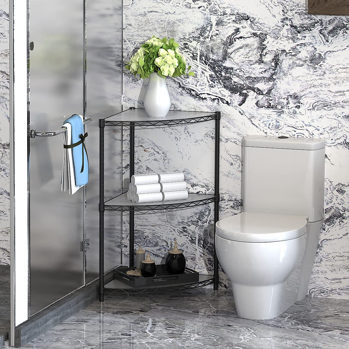 Adjustable 6-Tier Corner Wire Shelving Unit with Waterproof Liners, Heavy Duty 420 lbs Total Capacity - Ideal for Kitchen, Garage, and Office Storage - Rust Resistant and NSF Certified - Black