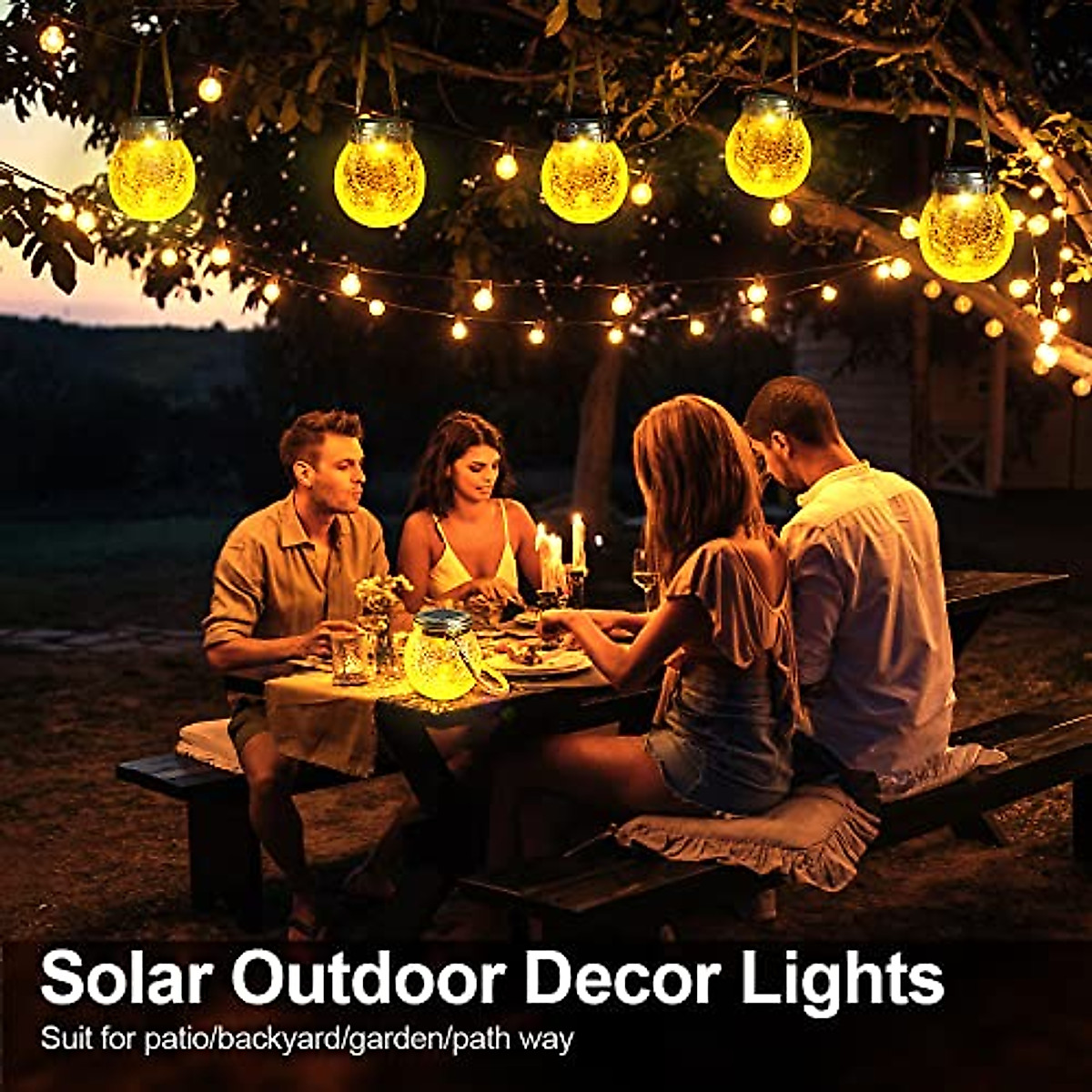 TonyEst Outdoor Solar Lantern, 2 Pack LED Amber Warm Hanging Lanterns Garden Solar Lights Decorative Crackle Glass Ball Waterproof, Solar Powered with 2 Optional Modes for Table Deck Yard Patio Decor