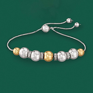 Ross-Simons 6-8mm Sterling Silver and 14kt Yellow Gold Bead Bolo Bracelet With .24 ct. t.w. Diamonds