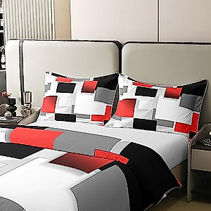 jejeloiu Cotton Duvet Cover Black Red Gray Geometry Duvet Cover Twin Size Cotton Kids Grid Buffalo Check Bedding Set for Women Men Rectangle Pattern Comforter Cover Set Soft Abstract Bedspread Cover