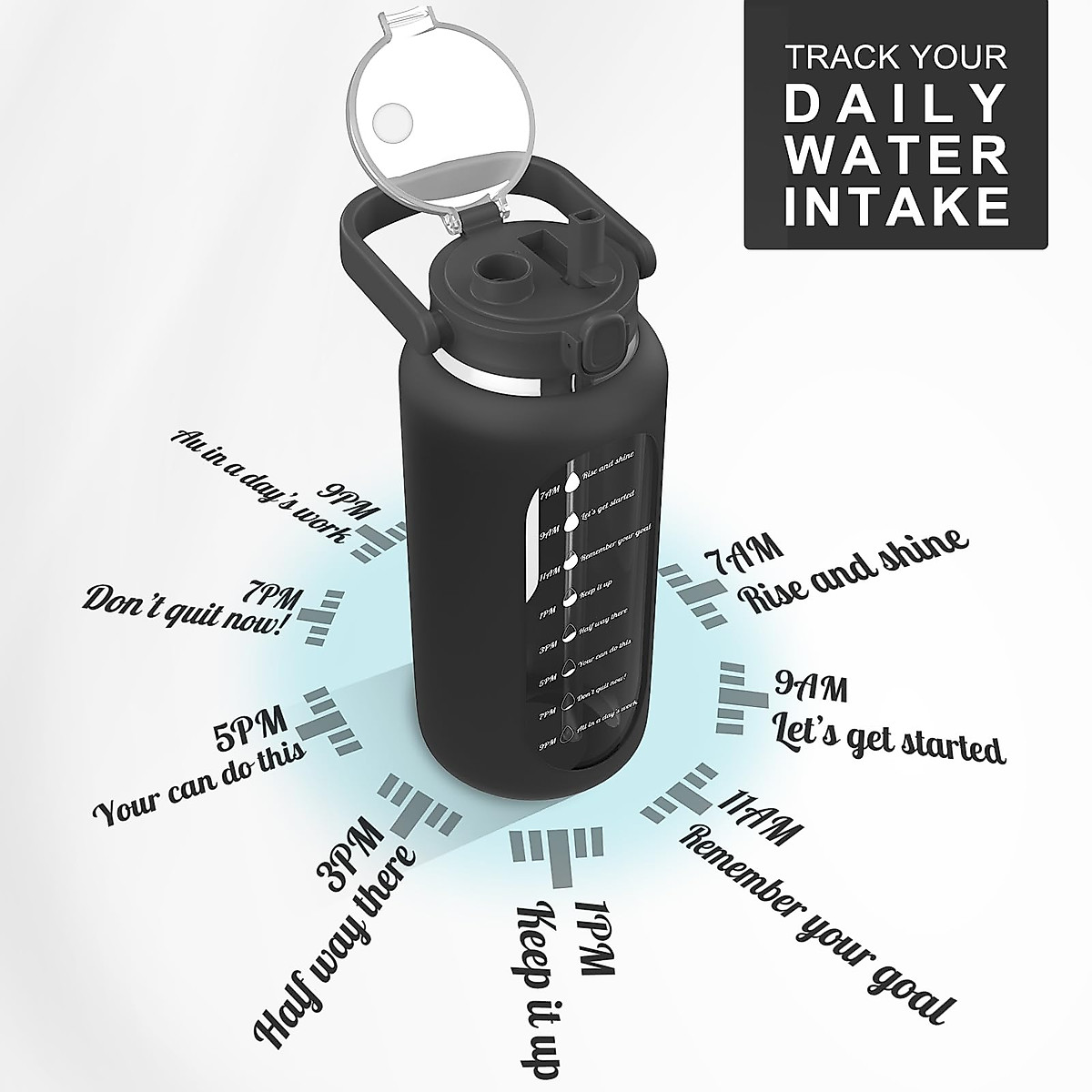 Dysco 64 oz Glass Water Bottles: Time Marker Half Gallon Motivational Water Bottle with Locking Lid and Silicone Sleeve - 2 Liter Large Water Jug Bottle for Gym, Sports, Workout (Black)