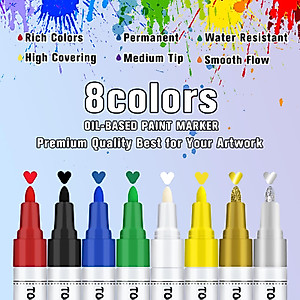 TOOMGGA Paint Pens Paint Markers - 8 Colors Permanent Oil Based Paint Pens, Quick Dry and Waterproof, Great for Rock Painting, Metal, Glass, Fabric, Plastic, Medium Point, 8-PP
