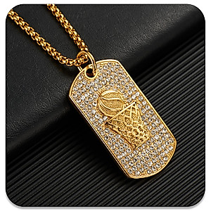 PEAS 18K Gold Plated Jewelry Basketball Hoop Dog Tag Pendant Iced Out Crystal Necklace,22" Box Chain