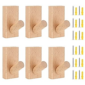 Laelr 6 Pack Wood Wall Hooks Wood Coat Hooks Wall Mounted Rustic Wooden Wall Hooks with 12 Screws Heavy Duty Wall Hanger Robe Hook for Hanging Coats Backpacks Hats Scarf Clothes Towels Bags 11-22lbs