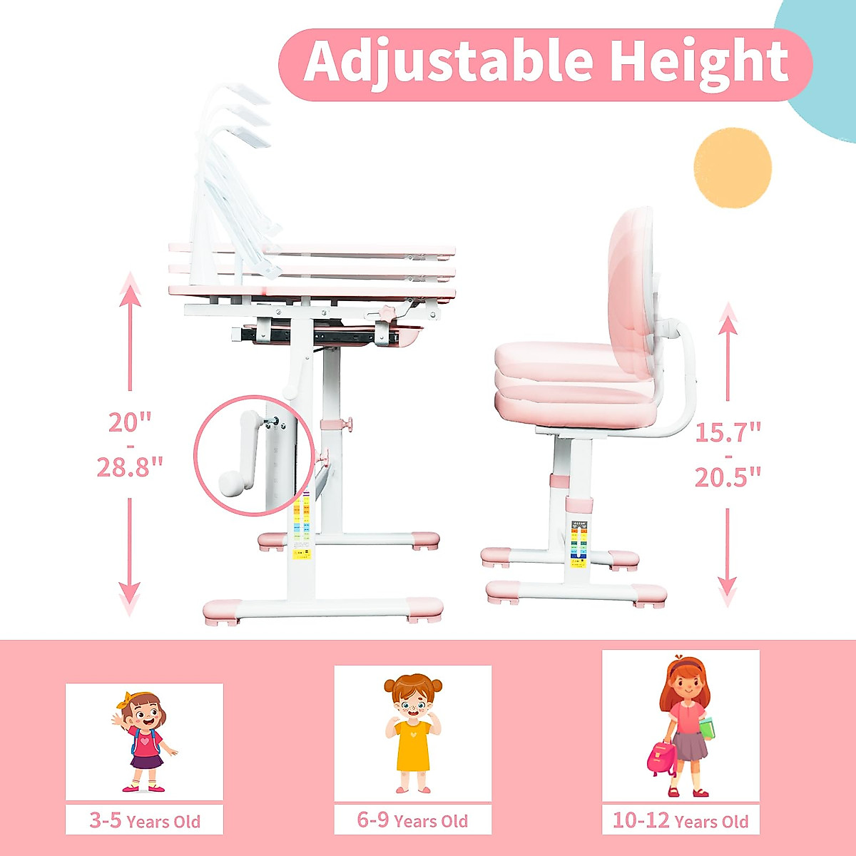 Kids Desk and Chair Set, Height-Adjustable Chair and Desk for Kids, Kid Desk with 3 Modes and 3 Brightness Led Lamps, Childrens Desk with 60° Tilting Tabletop and Extra-Large Storage Drawer (Pink)