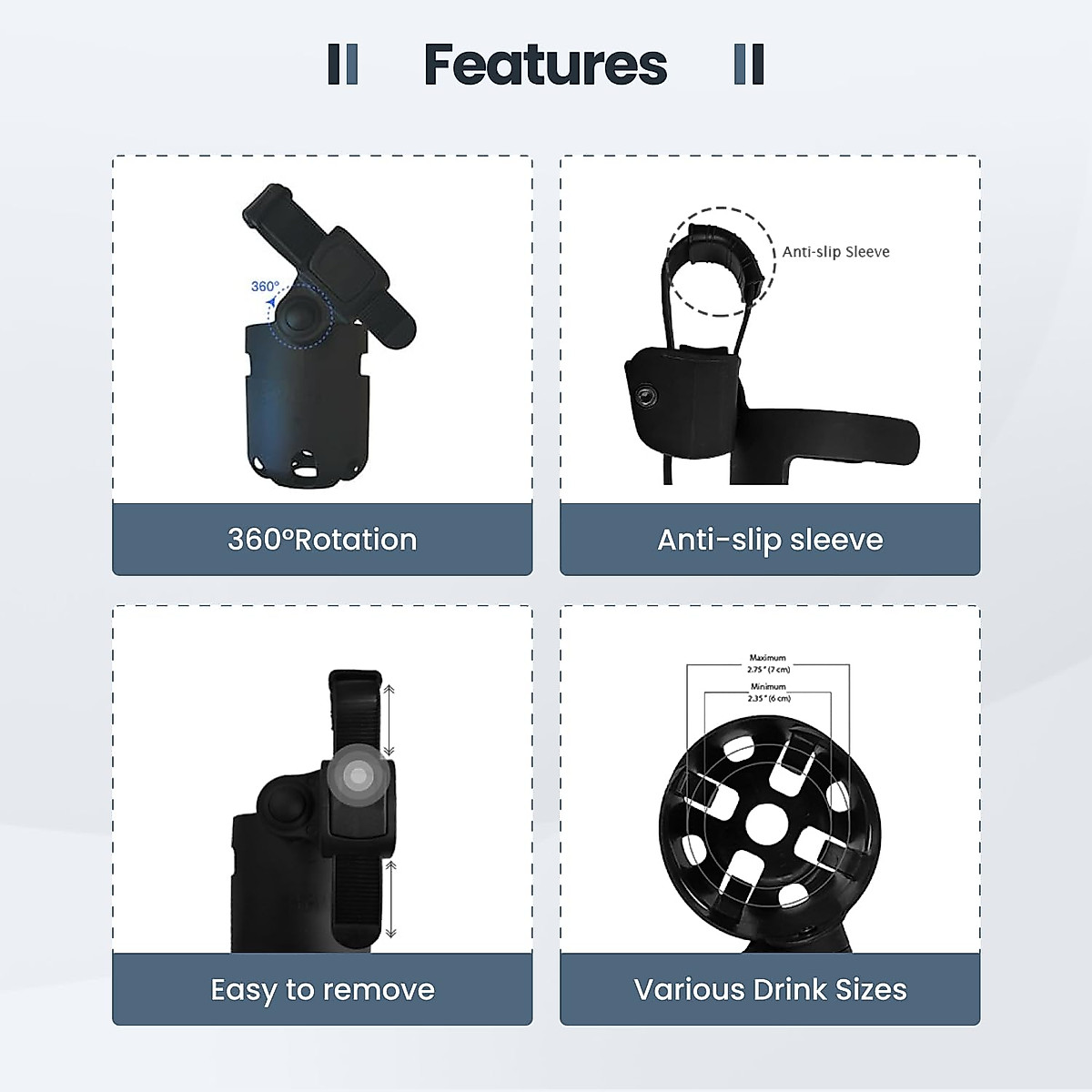 guzzie+Guss Universal Cup Holder for Strollers, Wheelchairs, Mobility Walkers, Bikes, Camping Chairs - Easy Installation - Anti-Slip Sleeve - Fits Wide Variety of Drink Containers - Black