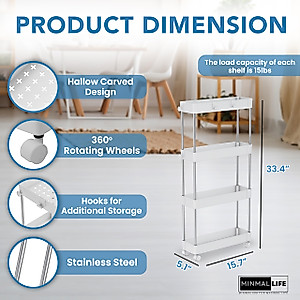Minmallife MINMALLIFE 4 Tier Slim Rolling Cart - Slim Rolling Storage Cart - Slim Storage Cart with Wheels - Skinny Rolling Storage Cart - Slim Rolling Cart Space Saver, 40x13x85 cm