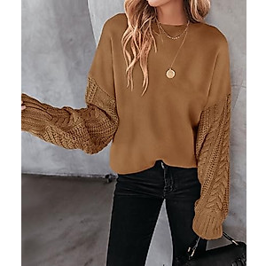 ZESICA Women's 2023 Fall Long Sleeve Crew Neck Solid Color Cable Knit Chunky Casual Oversized Pullover Sweater Tops,Camel,Large