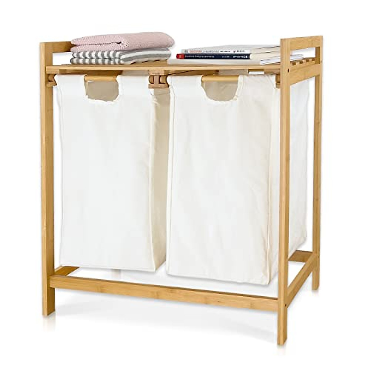 Bellglee Laundry Hamper with Shelf, 2 Sections Wooden Laundry Basket with Sliding Removable Bags, Bamboo Wood Laundry Organizer with Double Compartments, Laundry Sorter with Handles