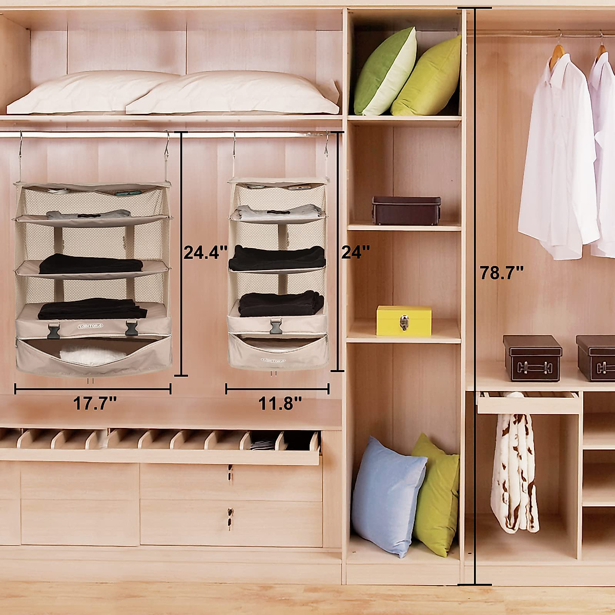 TABITORA Portable Hanging Travel Shelves Bag Packing Cube Organizer Suitcase Storage Large Capacity Beige L+XL