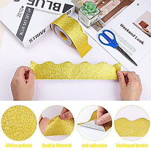 131 Ft Gold Glitter Bulletin Board Borders Gold Scalloped Bulletin Board Trims Shiny Decorative Border Trims Sparkle Self-Adhesive Border Stickers for Classroom School Home Office Blackboard Desk