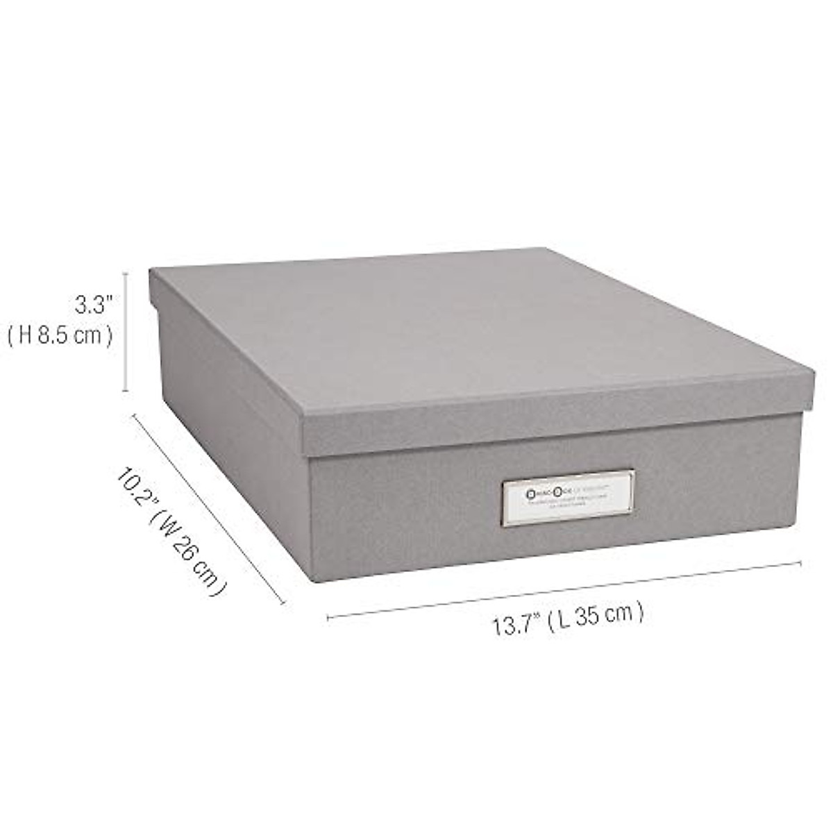 Bigso Oskar Fiberboard Label Frame Document Letter Box | File Organizer Document Box for Important Paperwork | Document Storage Box with a Lid & Metal Label Window | 3.3″x10.2″x13.8″ | Grey