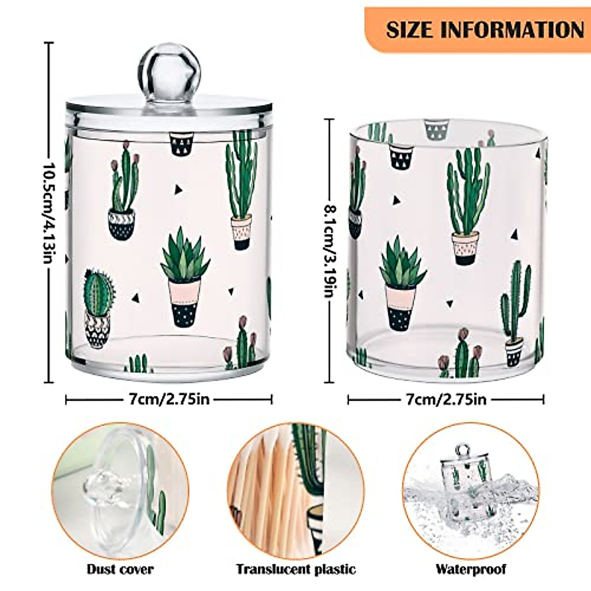 Fustylead 4 Pack Vintage Cactus Plastic Apothecary Jars with Lid, Bathroom Vanity Storage Organizer Canister for Qtip, Cotton Ball, Swab, Round Pads, Floss