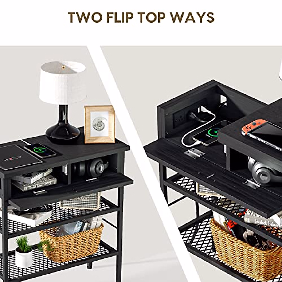 WASAGUN Narrow End Table with Charging Station, Black Nightstand with USB Ports and Outlets, Side Table Living Room Bedroom with Drawer, Skinny Bedside Table Storage Shelves for Small Spaces