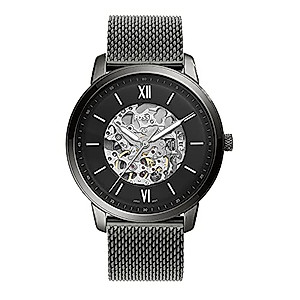 Fossil Men's Neutra Automatic Stainless Steel Mesh Three-Hand Skeleton Watch, Color: Smoke (Model: ME3185)