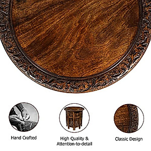 COTTON CRAFT Solid Wood Accent End Table - Hand Carved Vintage Boho Folding Side Table - Small Spaces Entryway Farmhouse Living Room Bedside - No Tools Assembly -18x18 Round - Jaipur Antique Brown