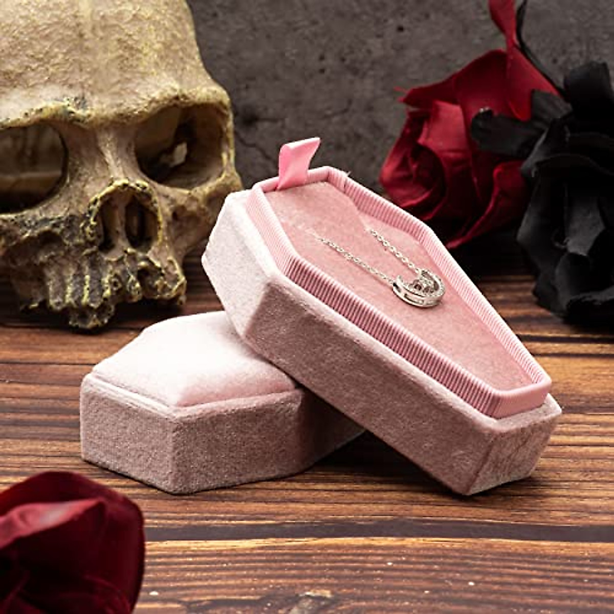 Giftop Velvet Coffin Necklace Box Pendant Case for Accessories Gothic Home Jewelry Organizer Decorations Goth Decor Gifts (Pink)