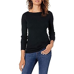Amazon Essentials Women's Lightweight Ribbed Long-Sleeve Boat Neck Slim-Fit Sweater, Black, Medium