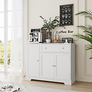 HOSTACK Buffet Cabinet with Storage, Modern Sideboard Buffet with Doors, Wood Coffee Bar Kitchen Storage Cabinet with Drawer and Adjustable Shelf for Kitchen, Dining Room, Living Room, White