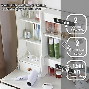 Lucaseone Vanity Desk with Lights Mirror, Vanity Table Makeup Vanity with Slidable Mirror,Drawers & Stool,for Bedroom, White (7507USB)