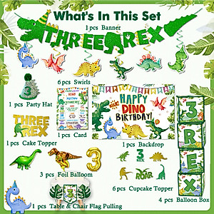 cocomigo 147pcs Three Rex Birthday Decorations Boy, Dinosaur Birthday Decorations 3 Year Old Boy Include Three Rex Balloons Banner Backdrop Etc, for 3 Rex Birthday Decorations Boys and Grils