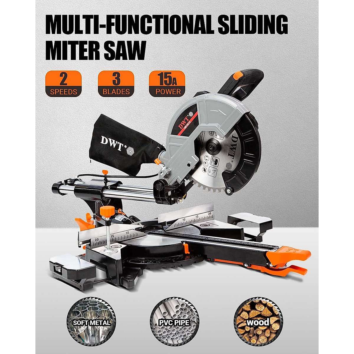 DWT Sliding Compound Miter Saw with 3 Blades, 15A 10", Double Speed (4500 RPM & 3200 RPM), Bevel Cut (0°-45°) with Laser, Extension Table, Iron Blade Guard, Cutting Wood, PVC or Soft Metal
