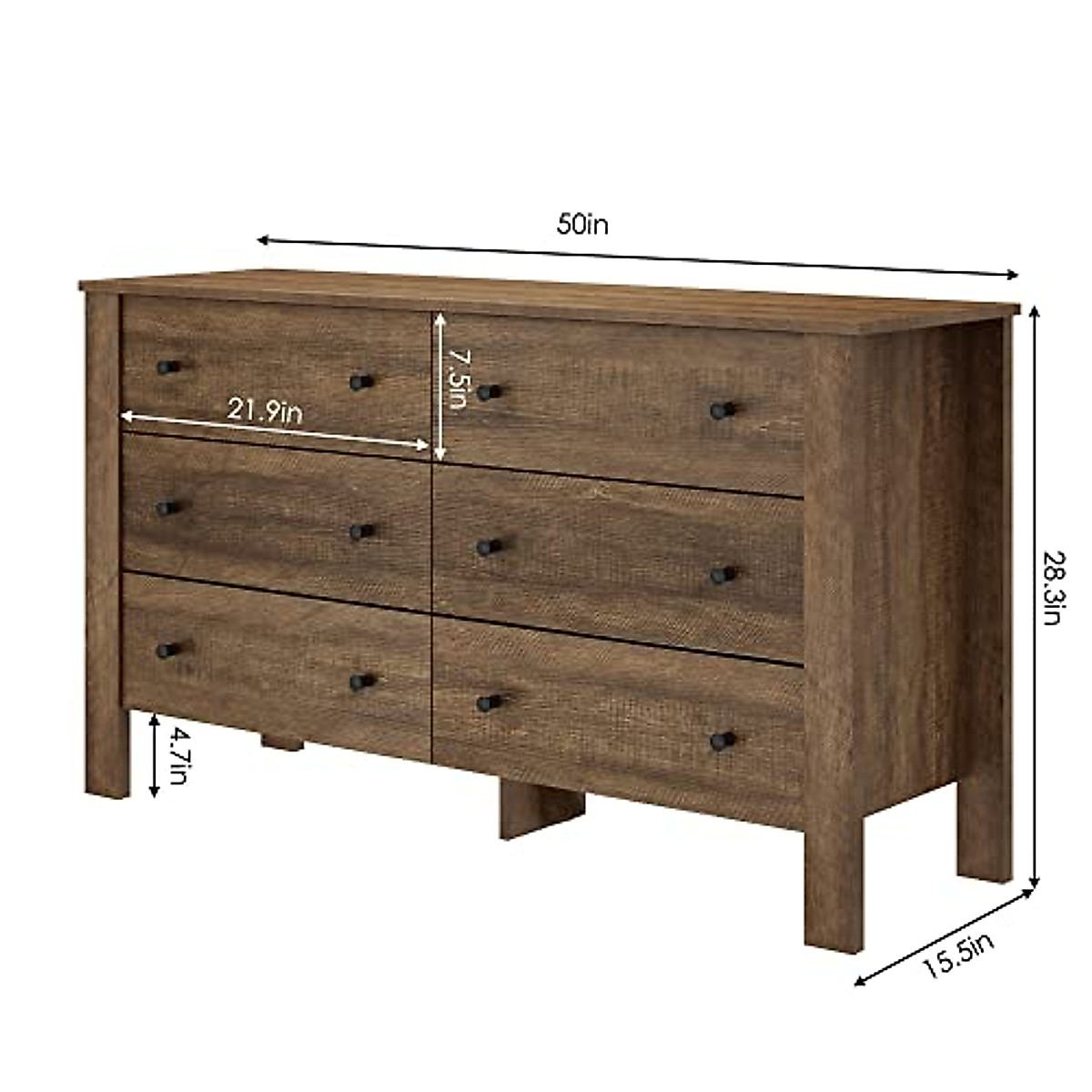 ITUSUT 6 Drawer Dresser, Wood Chest of Drawers, Wide Storage Dresser with Sturdy Frame, Closet Organizer for Living Room Closets, Hallway, Rustic Brown