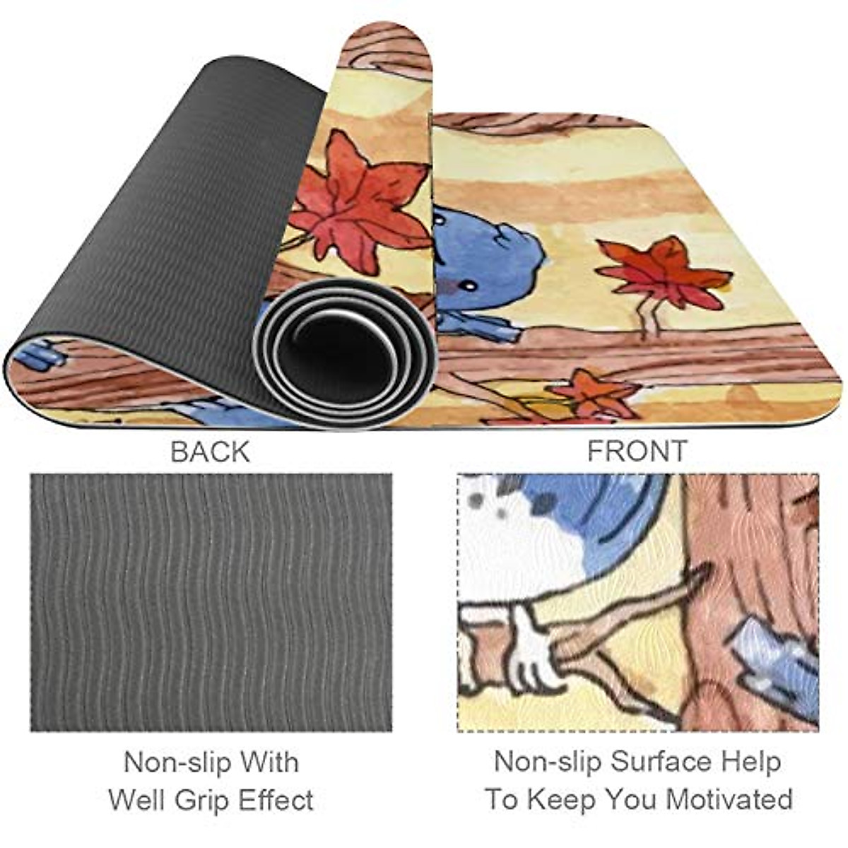 Unicey Thick Non Slip Exercise & Fitness 1/4 Yoga mat with Autumn Birds Rest On The Tree Maple Leaves Blue Print for Yoga Pilates & Floor Fitness Exercise (61x183cm)