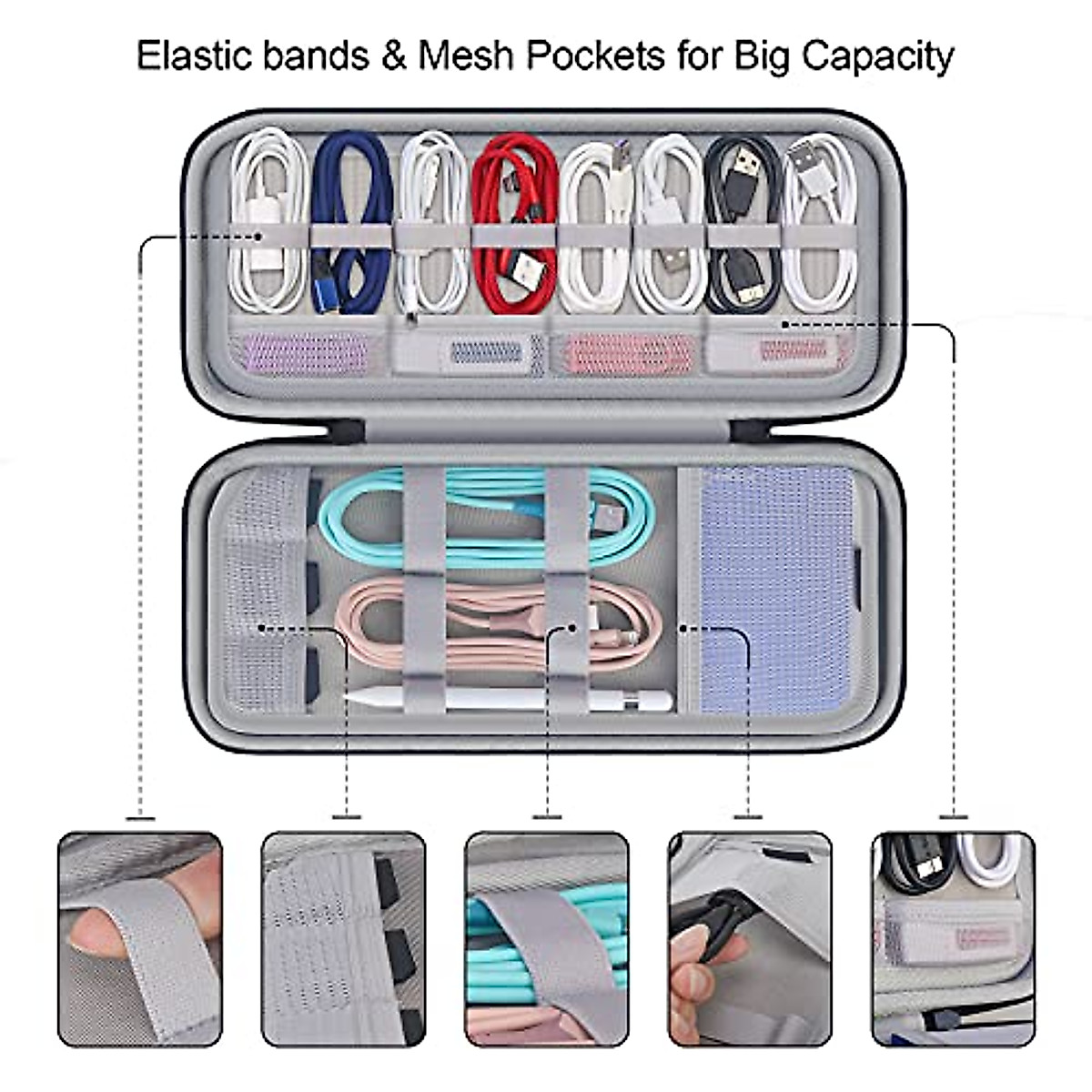 Hard Electronics Organizer, Universal Travel Cable Organizers, Large Electronic Accessories Storage Case Bag for Laptop Adapter, Cord, Charger, Plug, Hard Drive, Earphone, USB Hub, Black