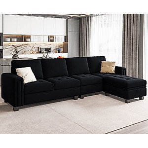 Belffin Velvet Reversible Sectional Sofa with Chaise Convertible L Shaped 4-seat Sectional Couch with Storage Ottoman Black