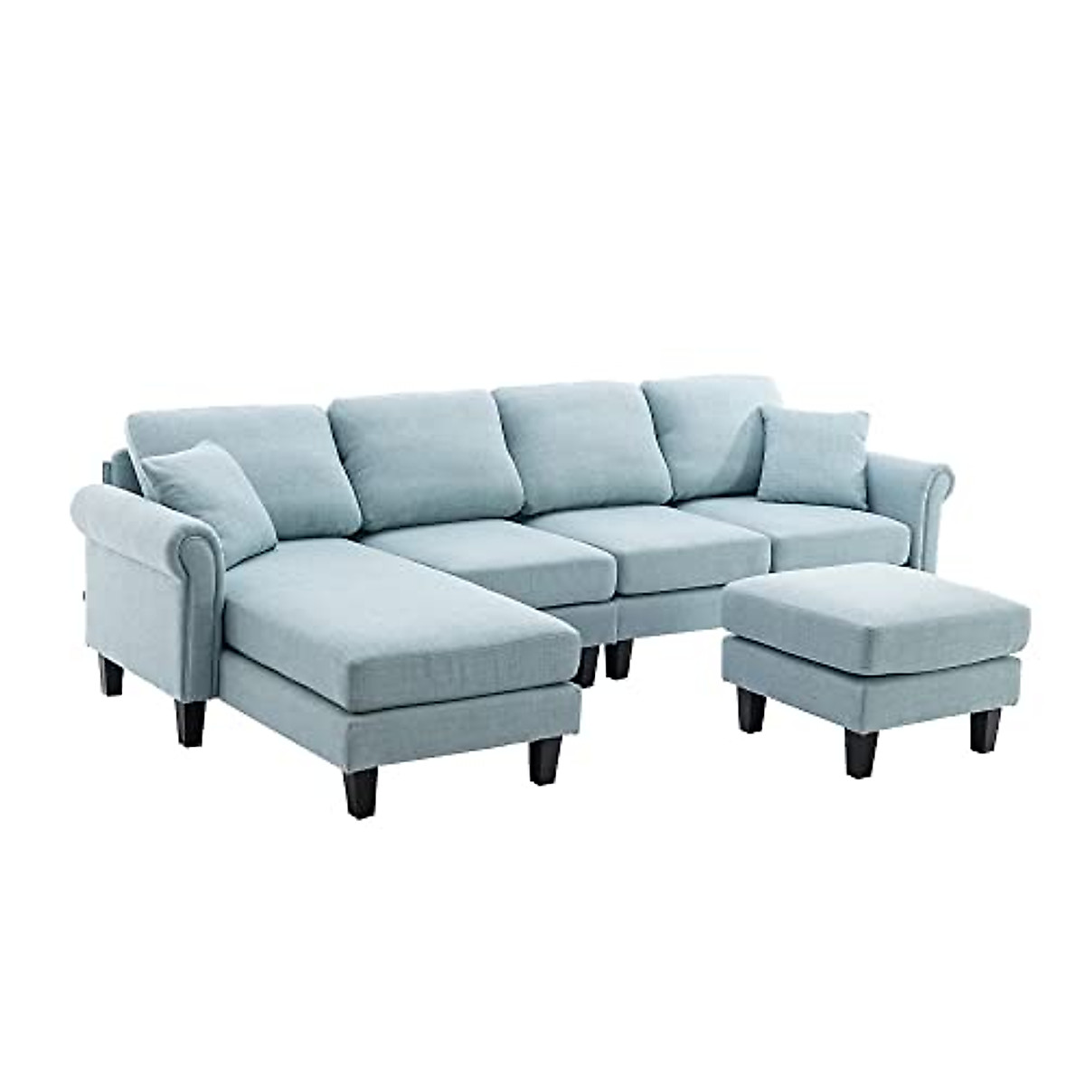 HomSof U-Shape Sectional Sofa Set for Living Room, Mid Century Modern Couch with Chaise and Ottoman, Light Blue