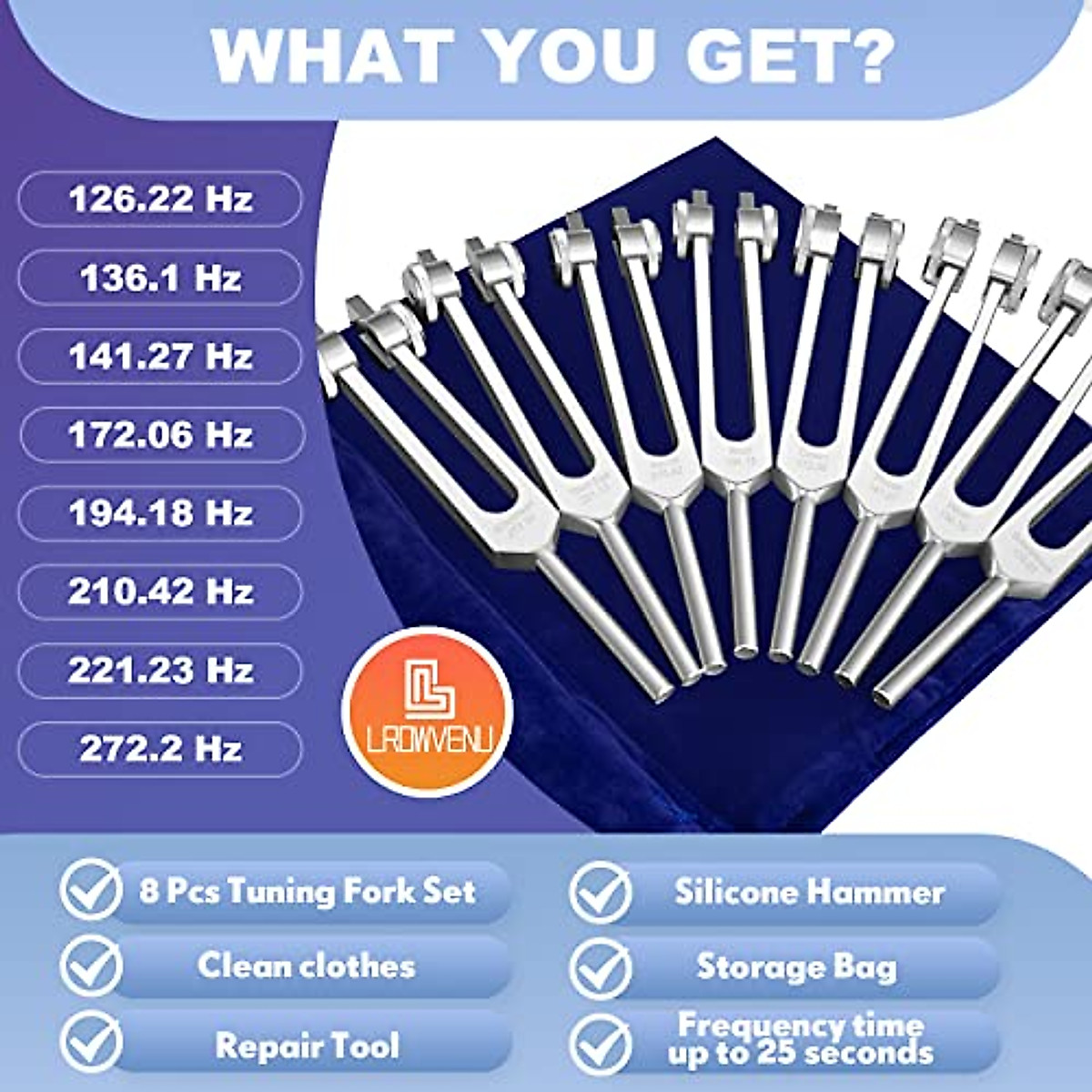 Lrowvenu Chakra Tuning Forks Set, 7 Chakra and 1 Soul Purpose Weighted Tuning Forks for Cosmic Octave, Aluminum Alloy, Sound Healing Instruments, Silver by Lrowvenu