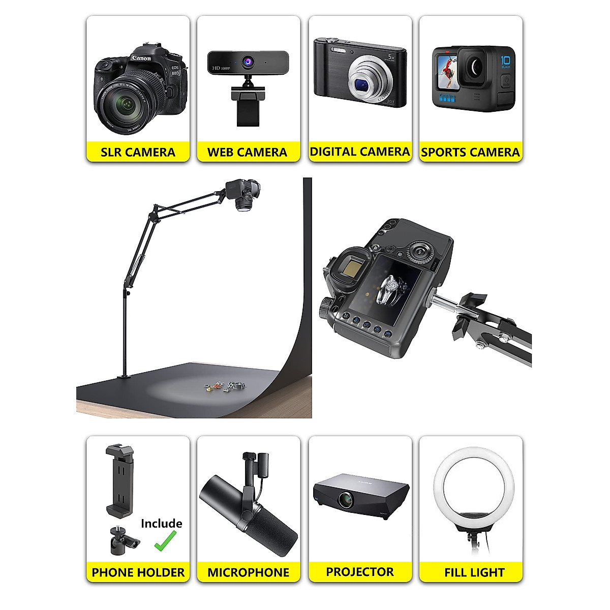 CACENCAN Overhead Camera Mount, 5lb Horizontal Load-Bearing, 360° Adjustable Camera Stand for Desk, Flexible Camera Arm Desk Mount, with Phone Clamp, Tabletop Mount for DSLR Camera/Webcam/Microphone